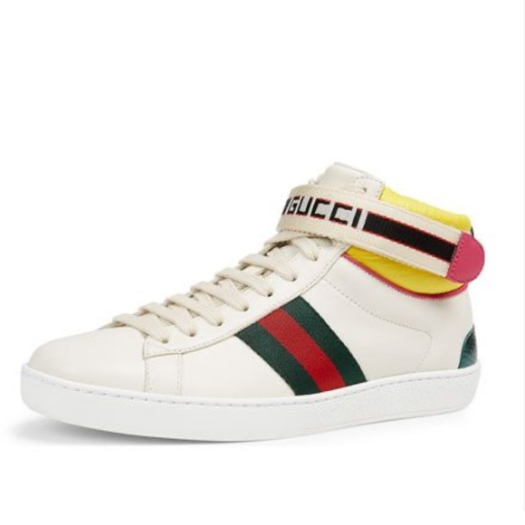 Gucci | Shoes | Gucci White Yellow Pink Web Hi High Tops Trainers ...